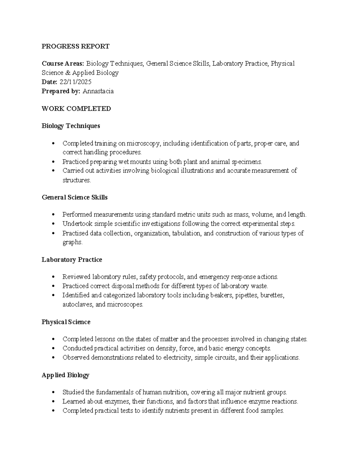 Progress Report: Biology Techniques & Applied Science Skills - Studocu