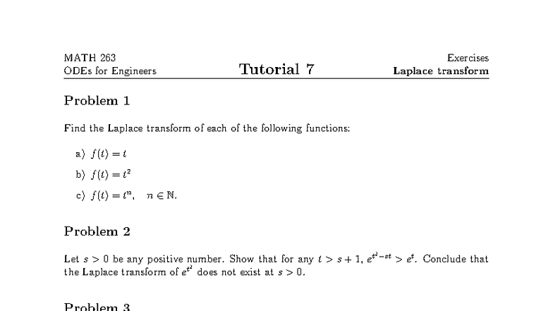 MATH 263 ODEs Tutorial 7: Laplace Transform Exercises - Studocu