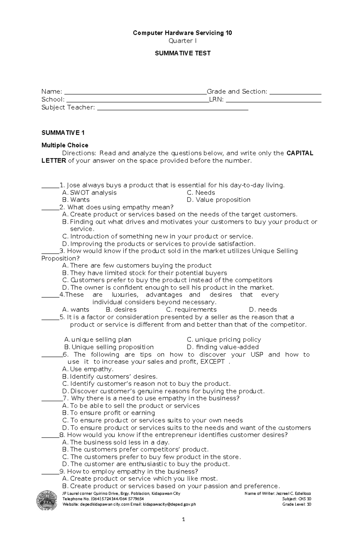CHS 10 Quarter I Summative Test on Computer Hardware Servicing - Studocu