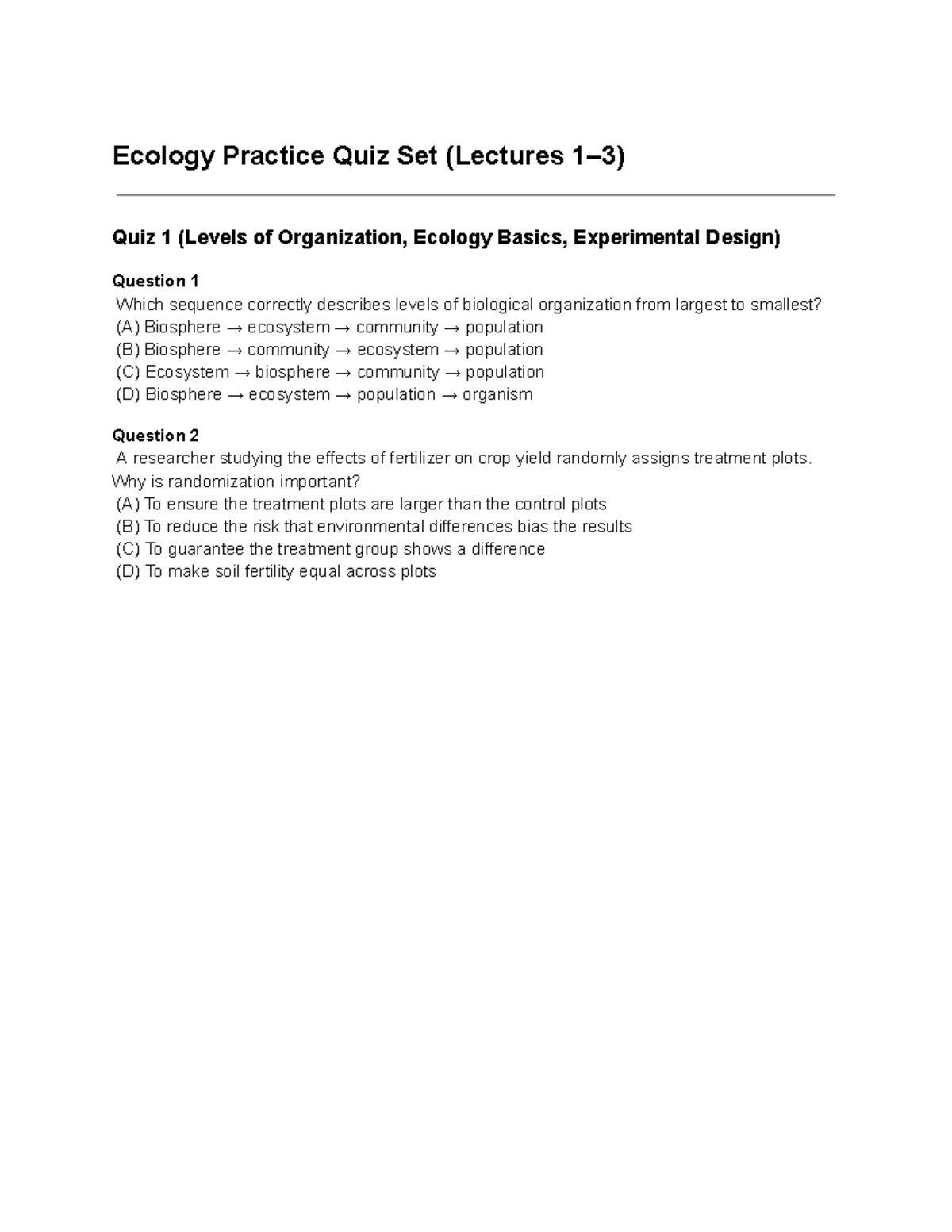 Ecology Practice Quiz Set (Lectures 1–3) on Biological Organization and ...