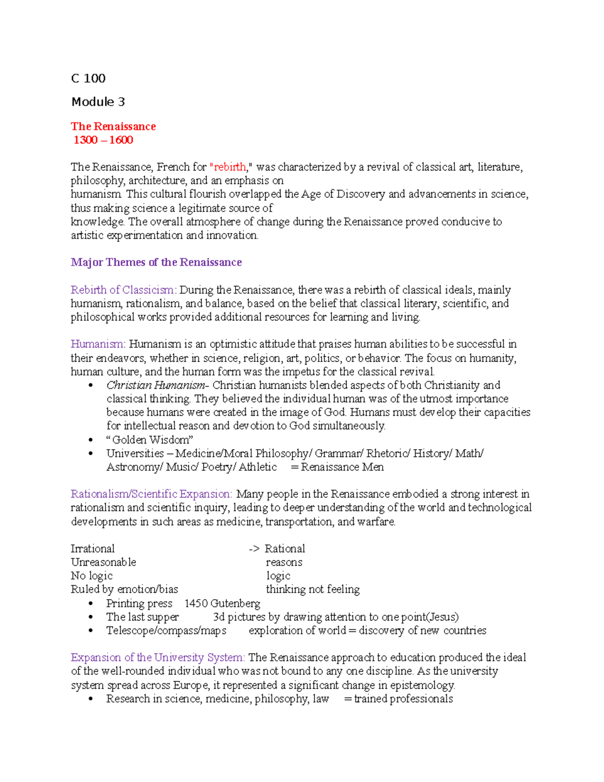 Module 3 - summary notes - C 100 Module 3 The Renaissance 1300 – 1600 ...