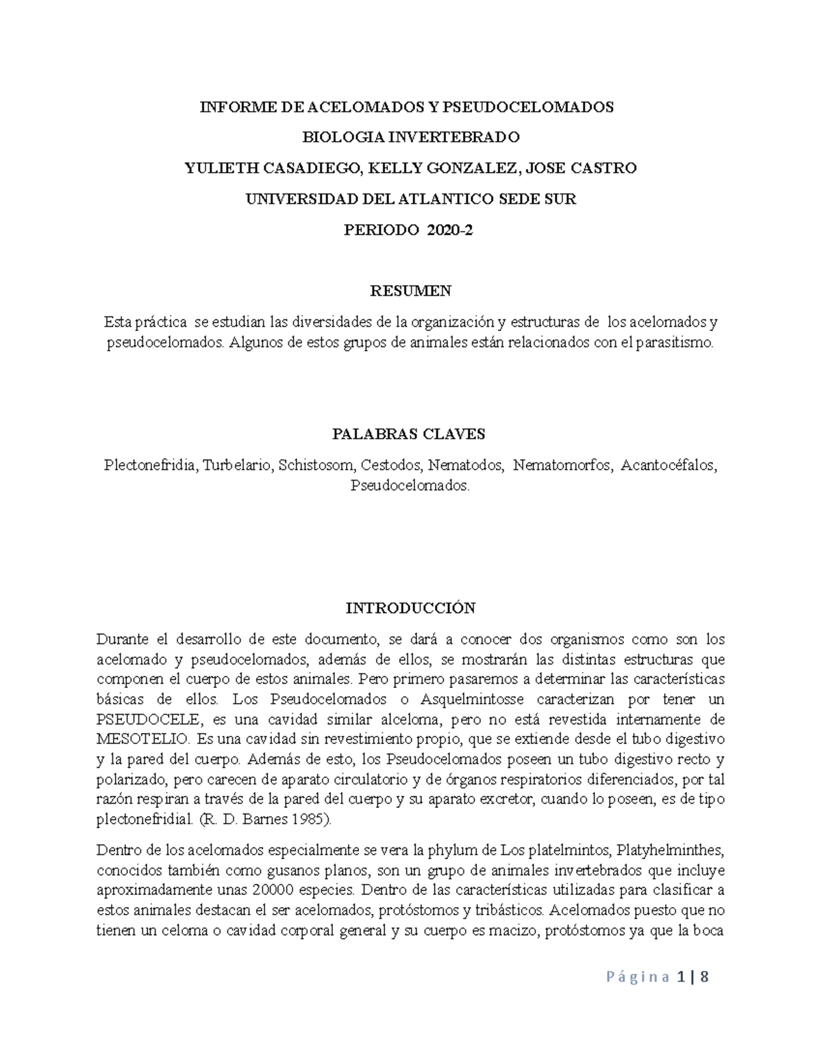 1 Informe DE Acelomados Y Pseudocelomados - INFORME DE ACELOMADOS Y ...
