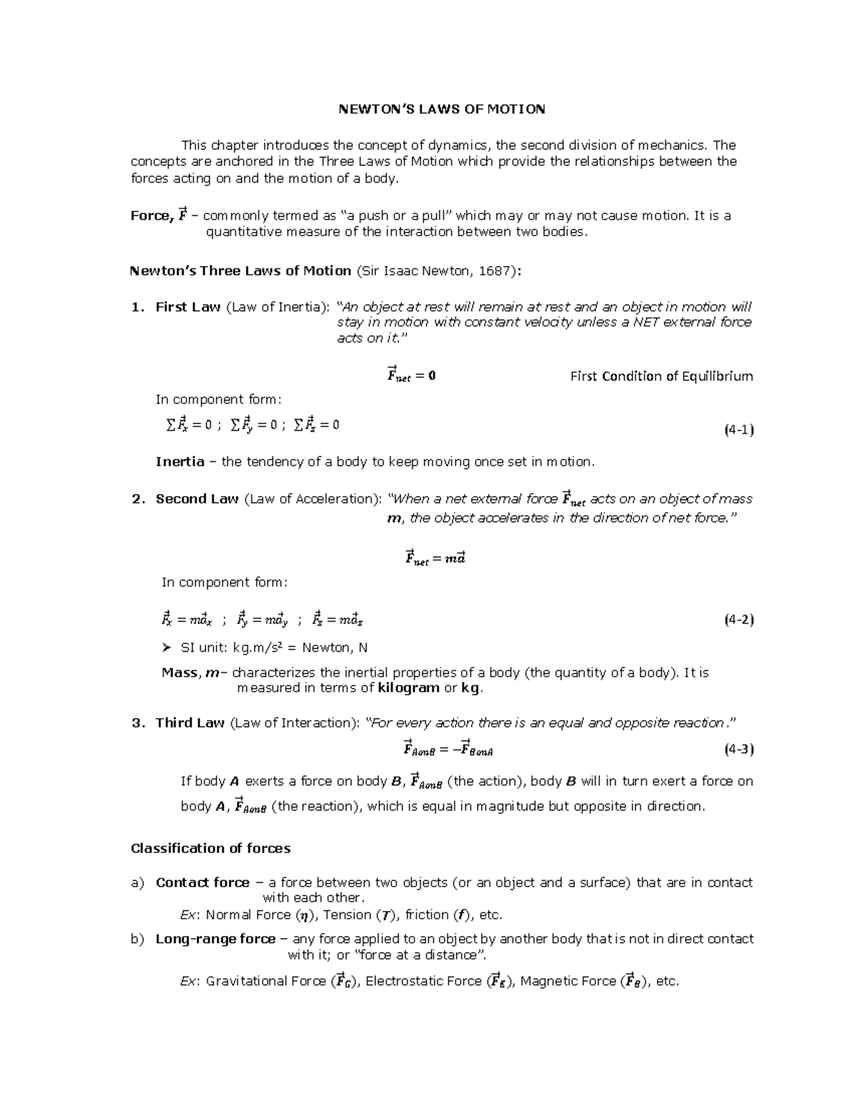 Lecture Notes 4: Understanding Newton's Laws of Motion for Phys111 ...
