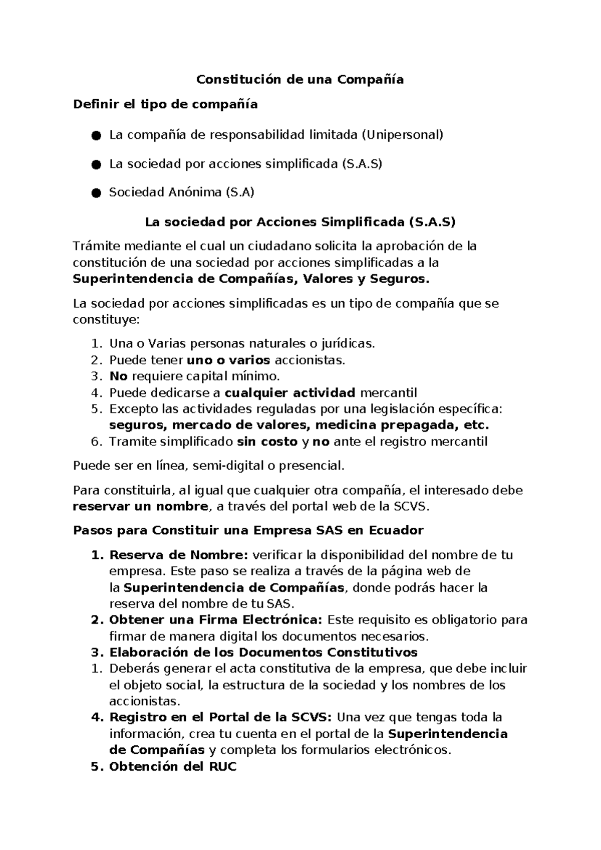 Guía para la Constitución de Compañías en Ecuador: SAS y R.L. - Studocu