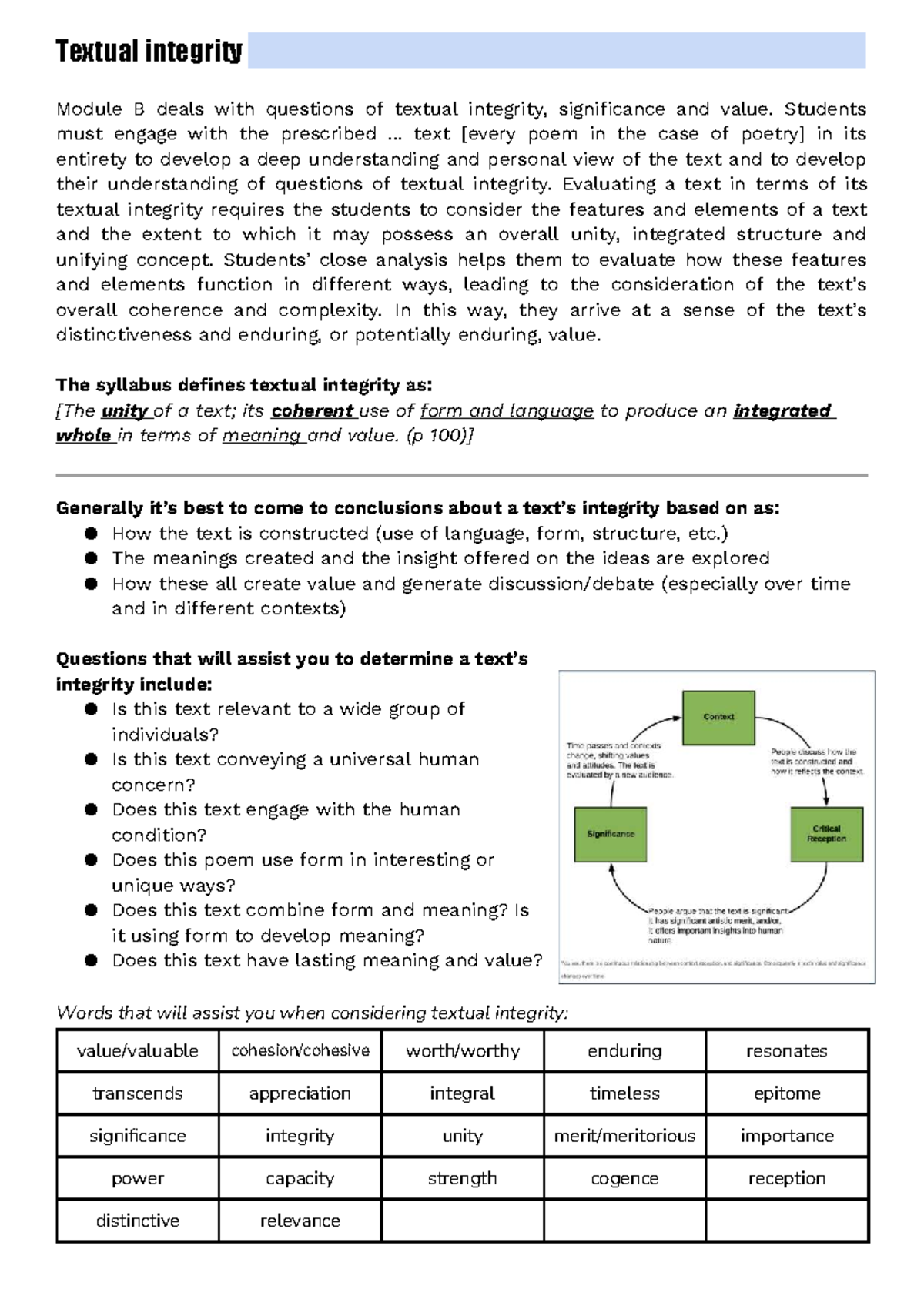 Textual integrity - Students must engage with the prescribed ... text ...