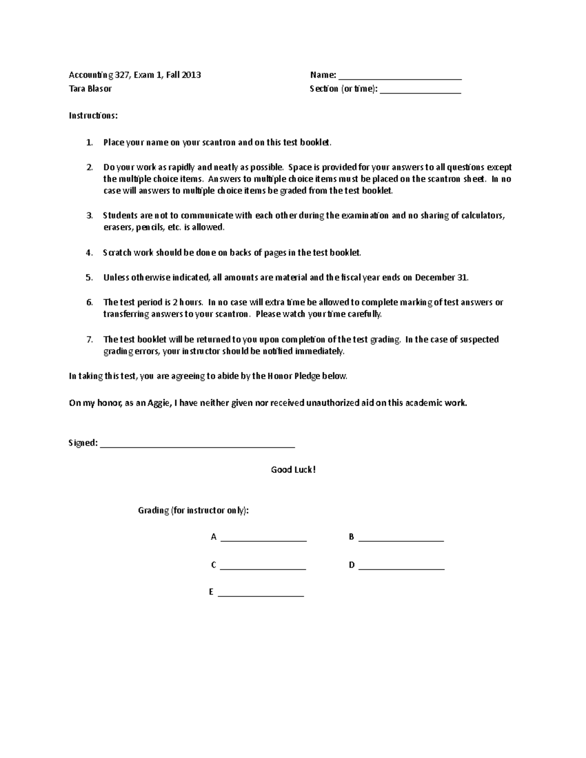 ACCT 327 Midterm Practice Exam 1 Instructions and Sample Questions ...