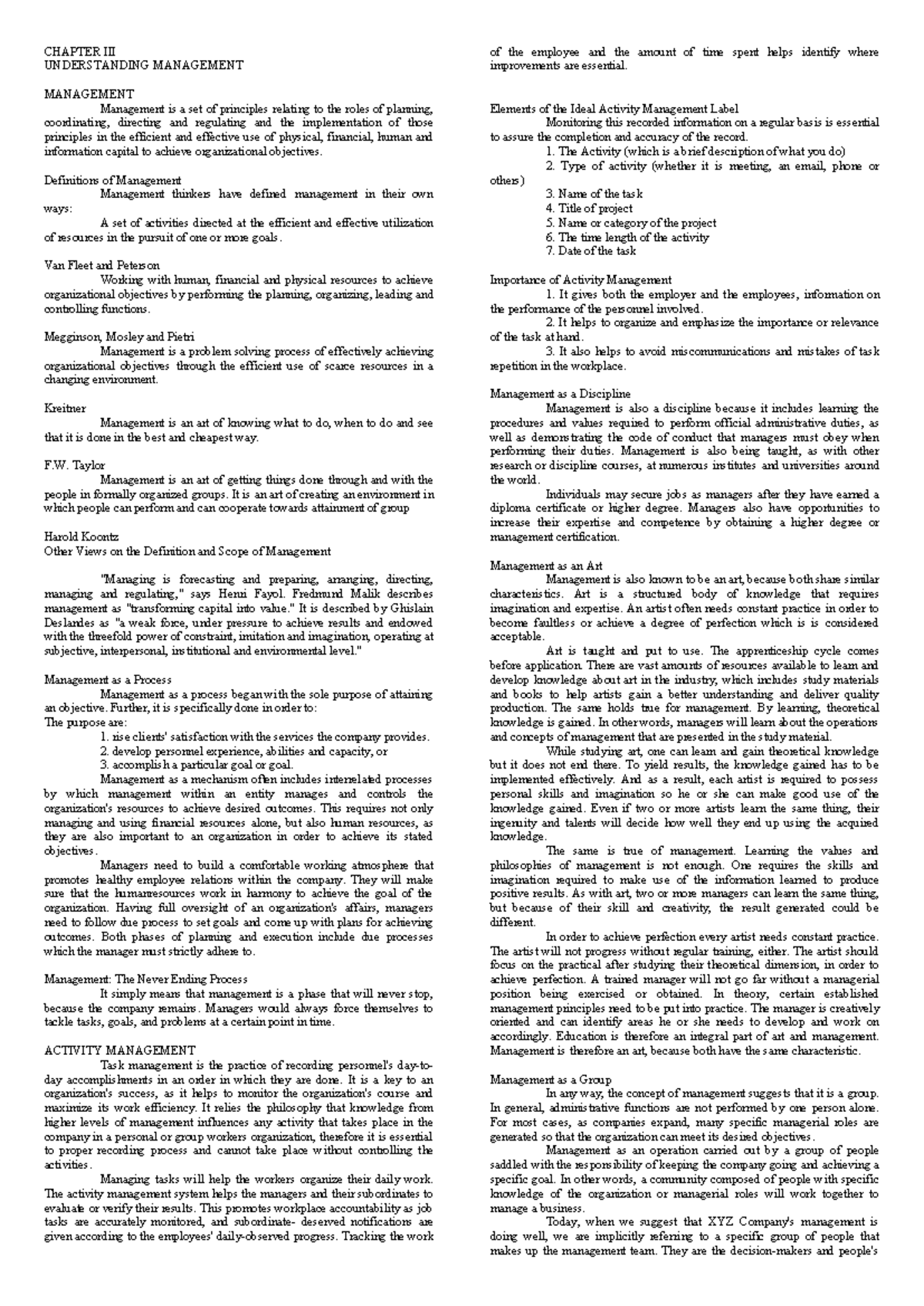 Chapter 3: Understanding Management Principles - CFLM 102 - Studocu