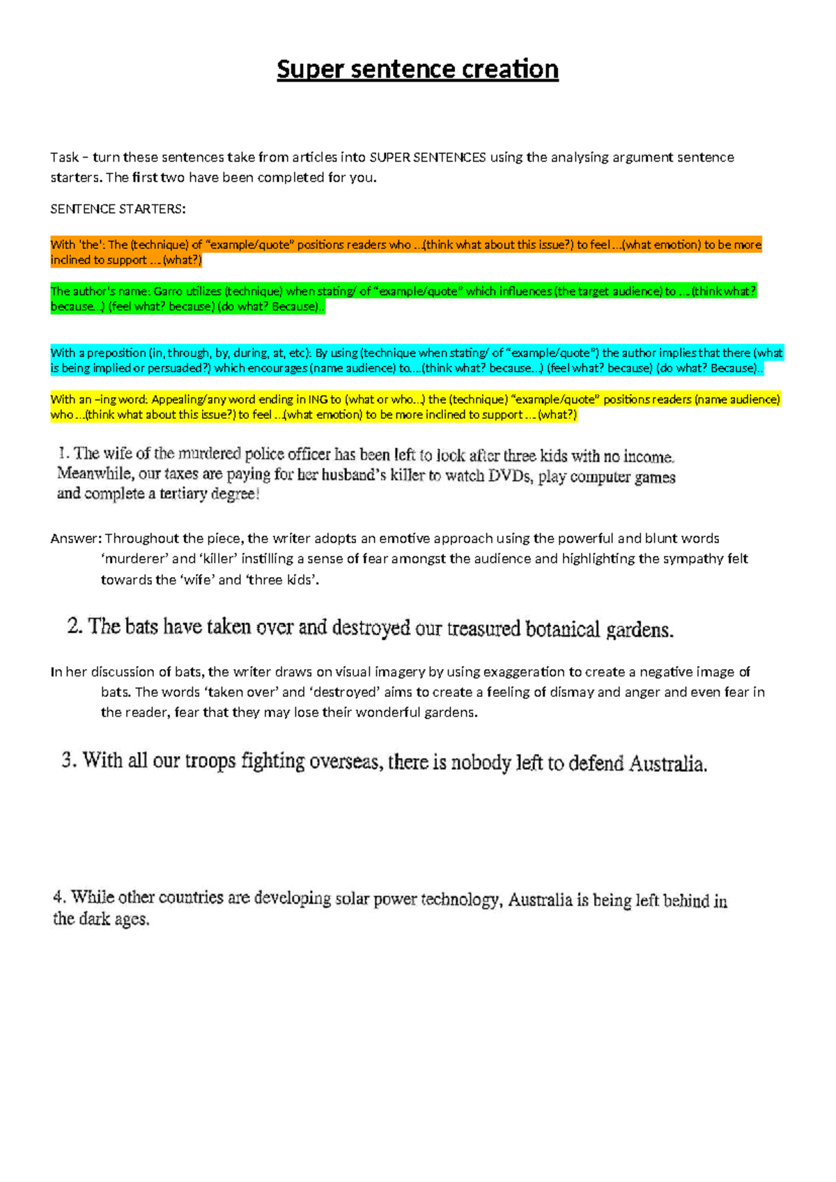 Super Sentence Creation Task: Analyzing Arguments in English - Studocu