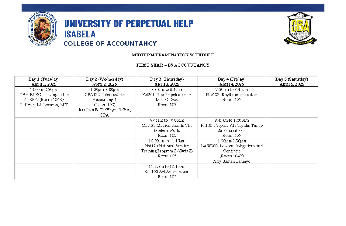 BSA Midterm Schedule 2ND SEM 2024 2025 - MIDTERM EXAMINATION SCHEDULE FIRST YEAR – BS ...