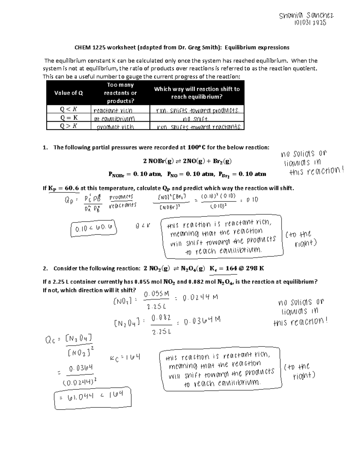 CHEM 1225 Worksheet 6: Equilibrium Expressions and Calculations - Studocu