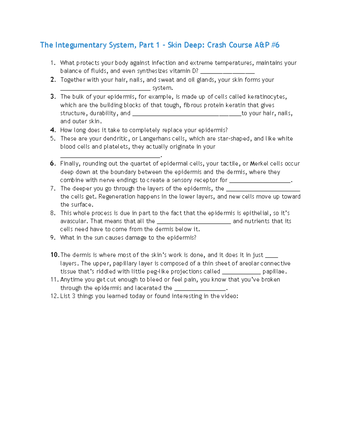 Crash Course A&P: Worksheets on Integumentary System Fundamentals - Studocu