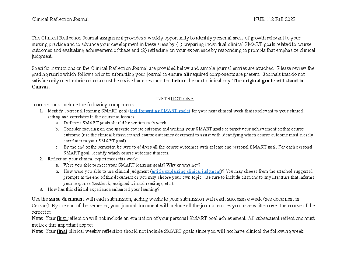 NUR 112 Clinical Reflection Journal Fall 2022 - with instructions-1 ...