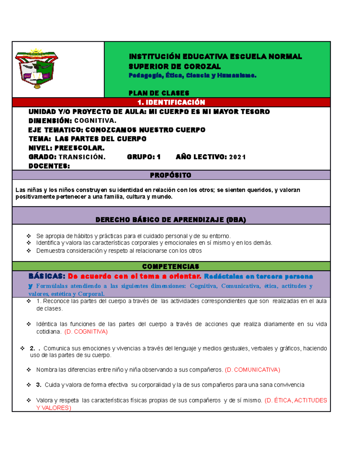 Plan de Clases de Transición: Conociendo las Partes del Cuerpo - Studocu