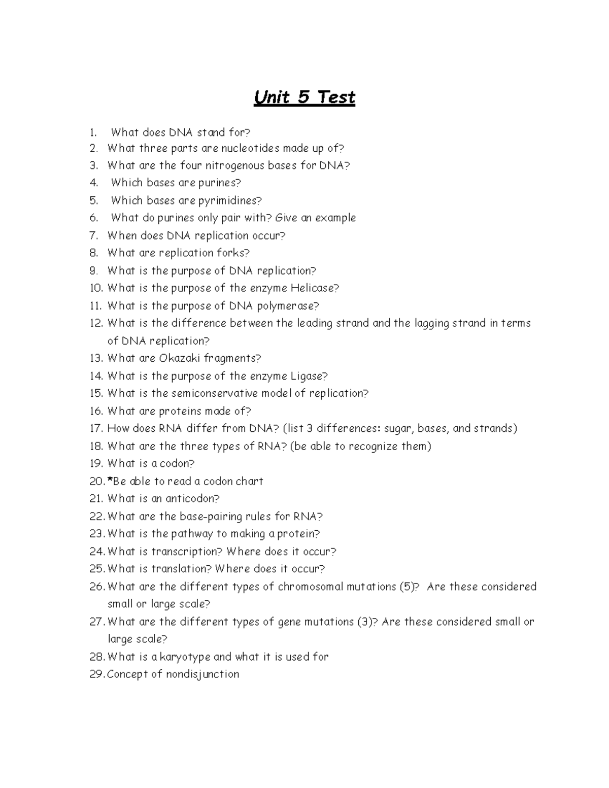 Unit 5 Study Guide: DNA Structure, Replication, and RNA Functions - Studocu