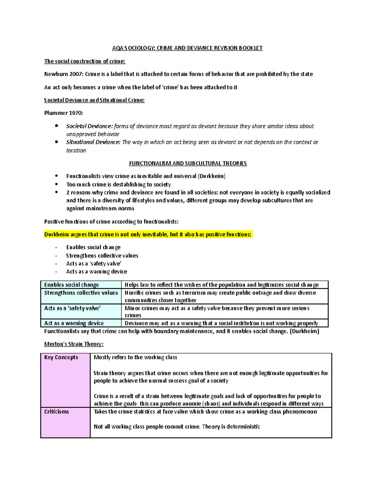 AQA Sociology: Crime and Deviance Revision Notes and Key Theories - Studocu
