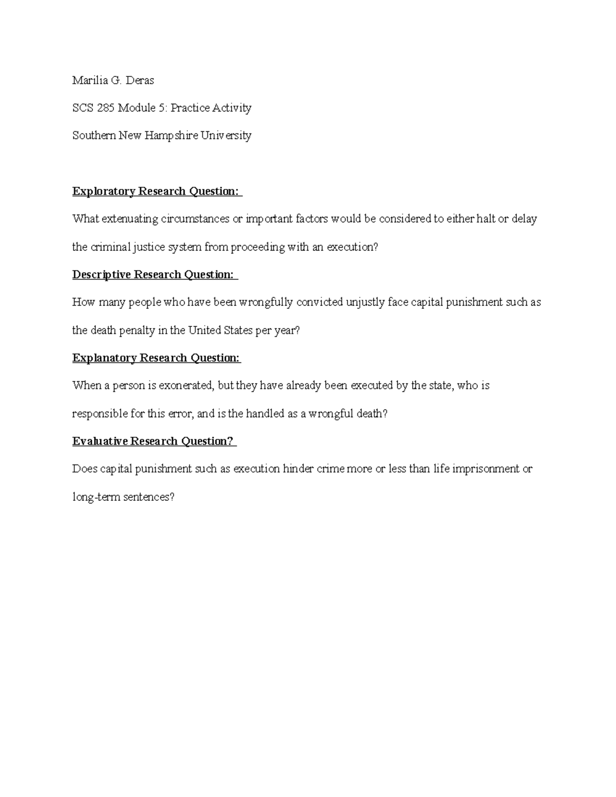 SCS 285 Module 5: Exploring Capital Punishment Research Questions - Studocu