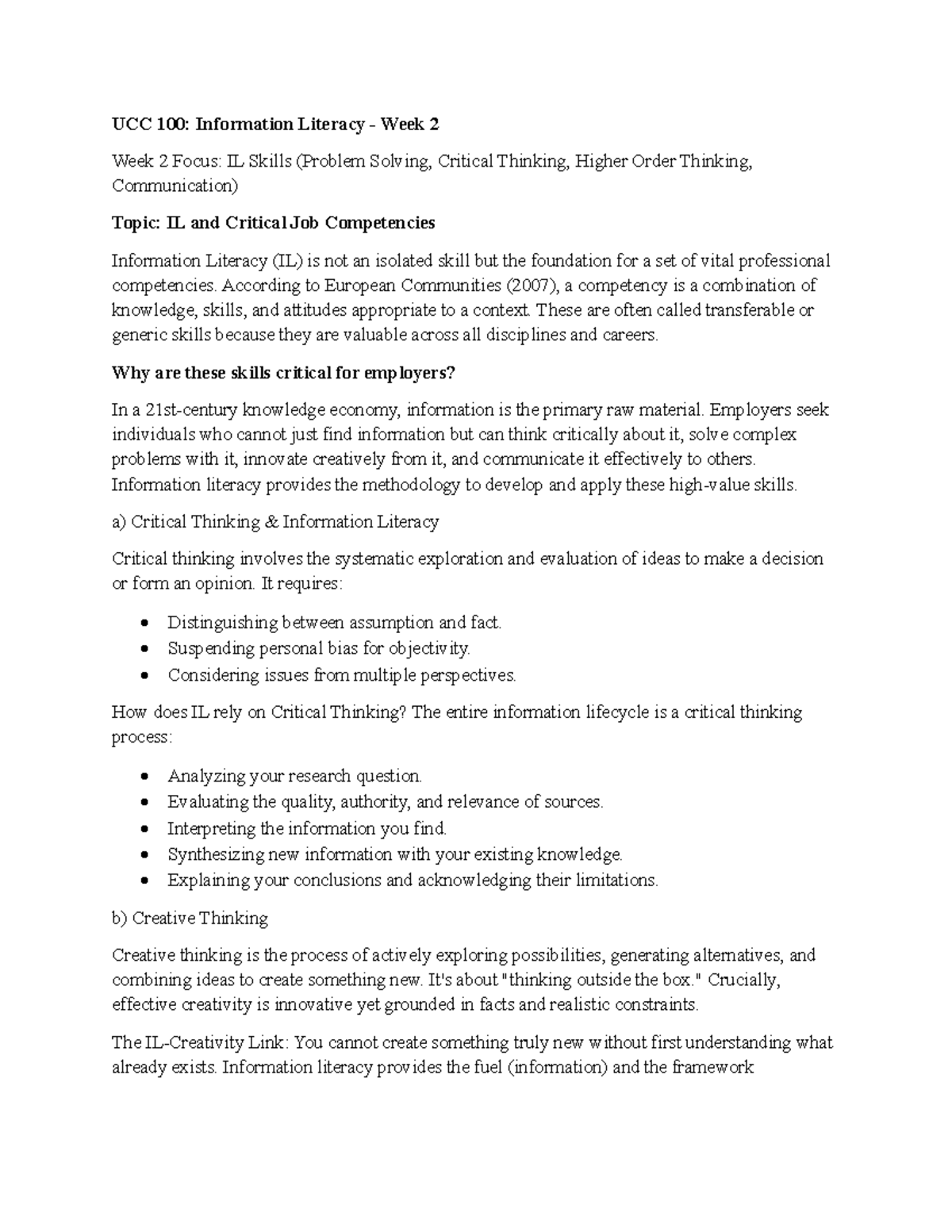 UCC 100: Information Literacy Skills - Critical Thinking & Problem ...