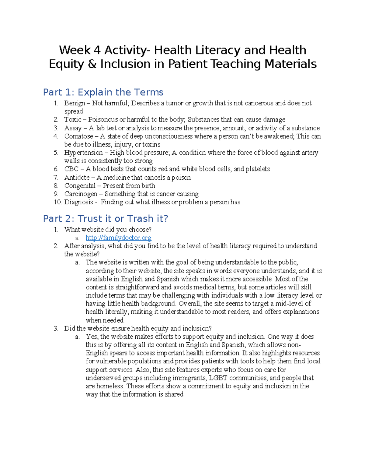 Week 4 Activity: Health Literacy & Equity in Patient Teaching Materials ...
