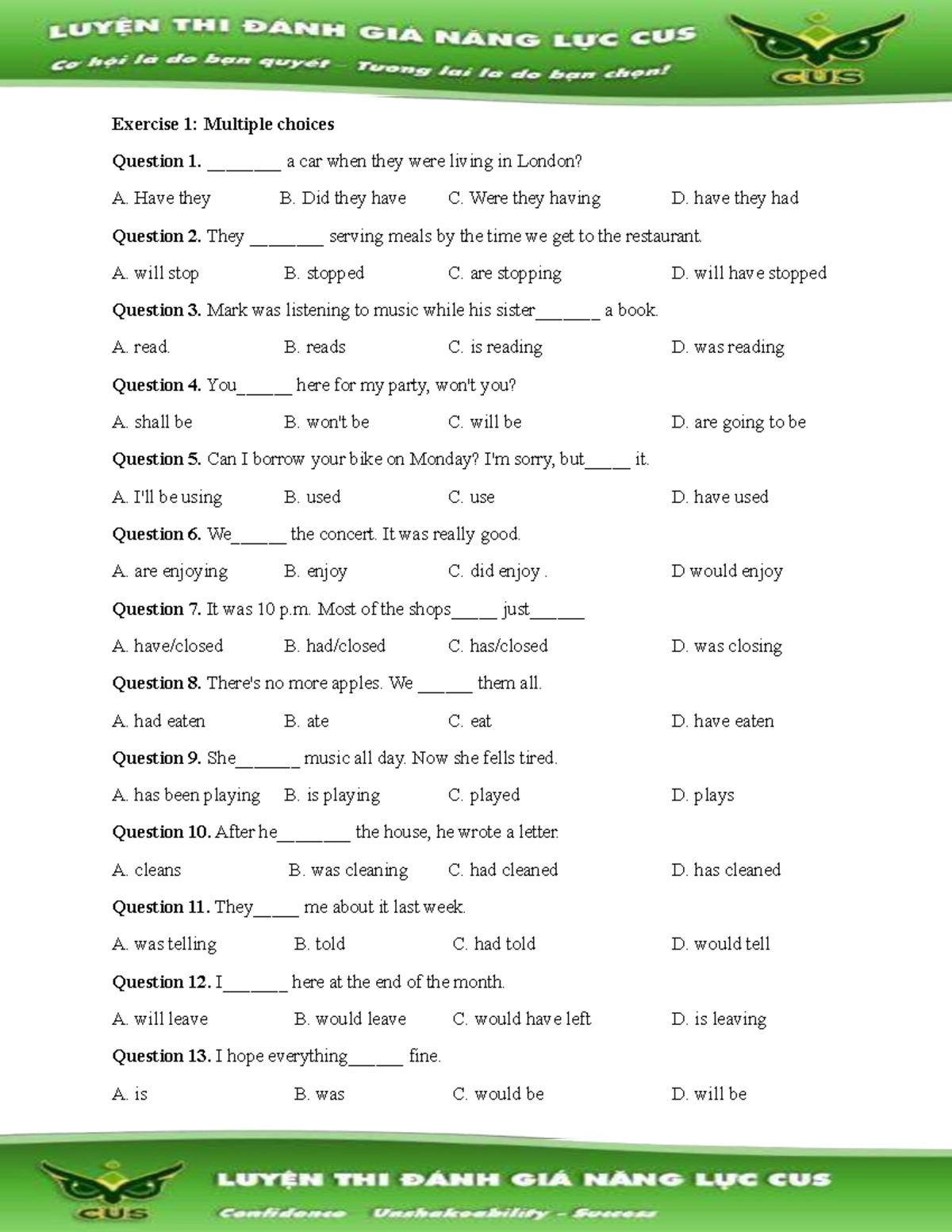 Exercise 1 & 2: 50 Câu Thì - Notes for English Grammar - Studocu
