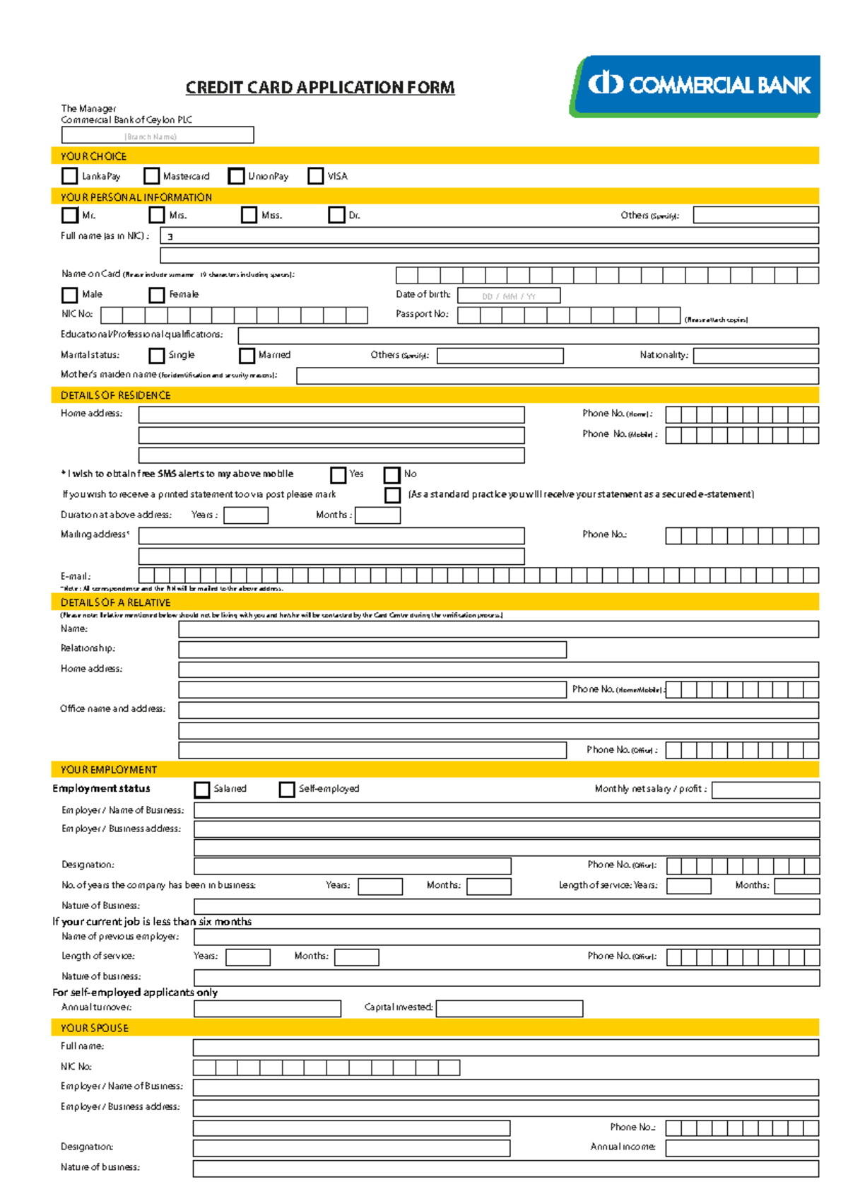 Credit CARD Application FORM - Commercial Bank of Ceylon - Studocu