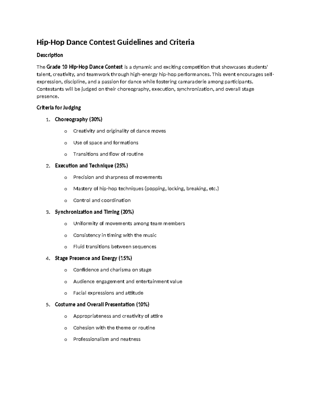 Grade 10 Hip-Hop Dance Contest Guidelines & Judging Criteria - Studocu