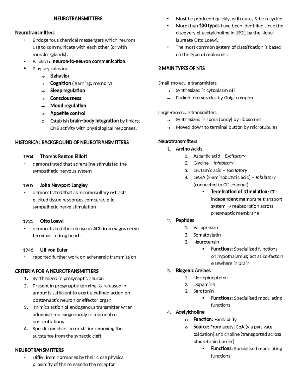 Psych 1: Neurotransmitters Overview and Functions - Studocu