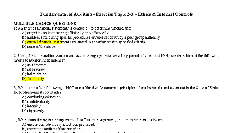 Fundamentals of Auditing (ACCT 301) - Internal Controls MCQs - Studocu