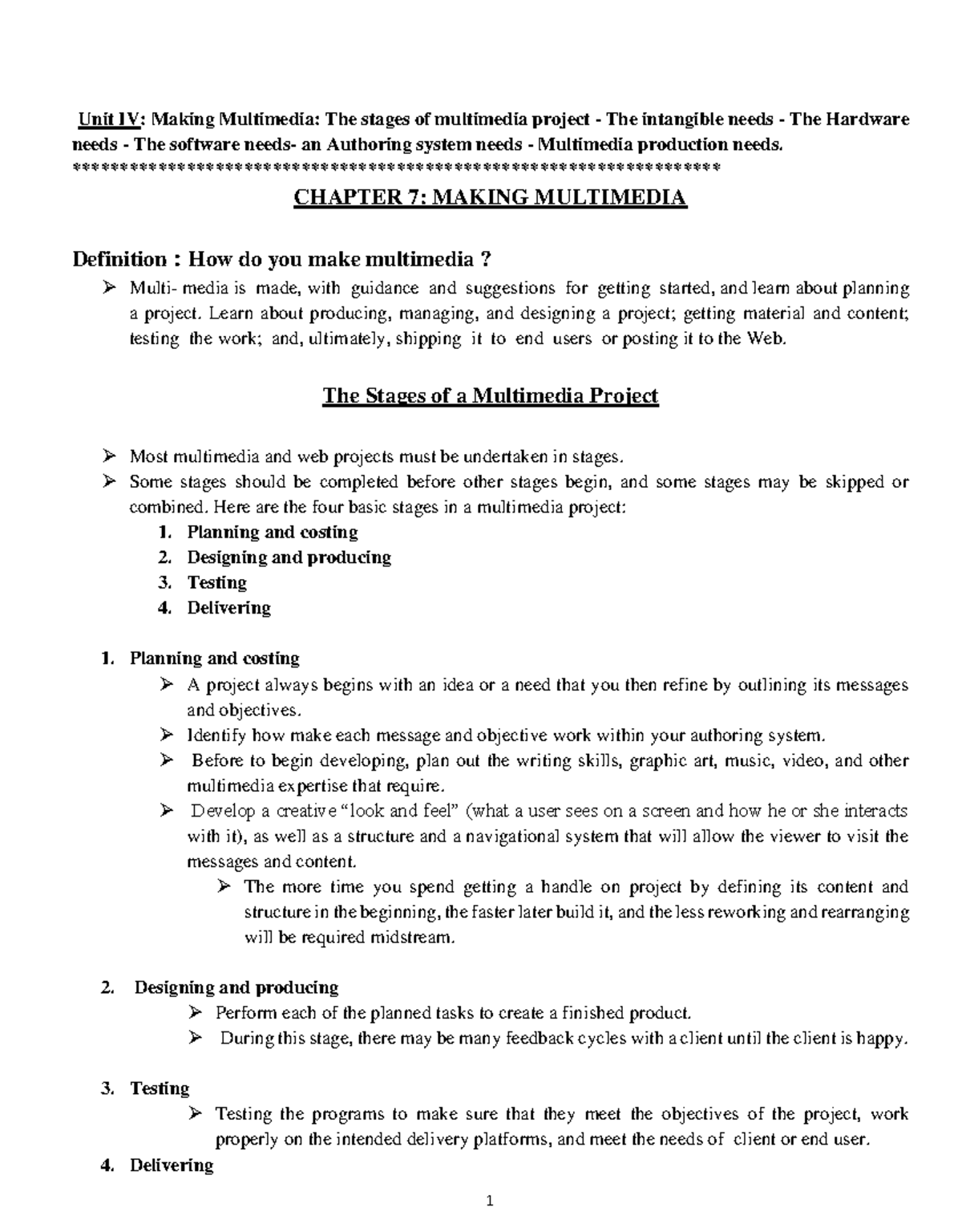 Multimedia Production Needs and Stages - UNIT IV Overview - Studocu
