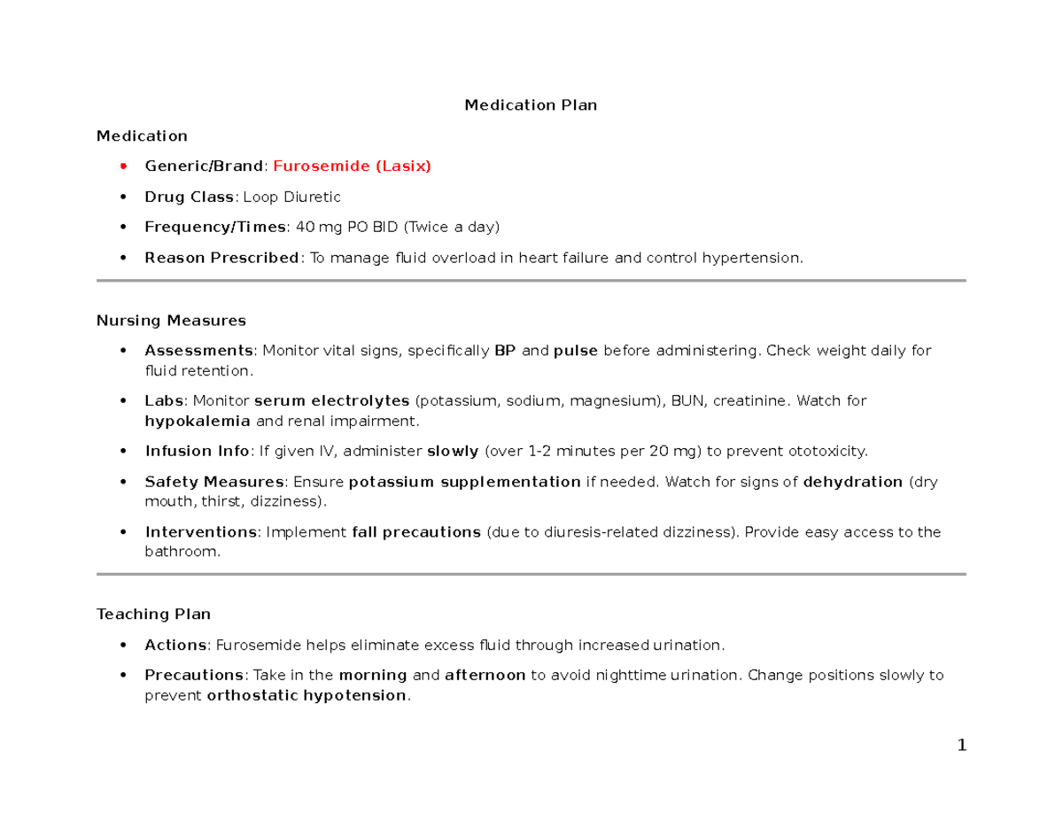 Common Medication - Medication Plan Medication Generic/Brand ...