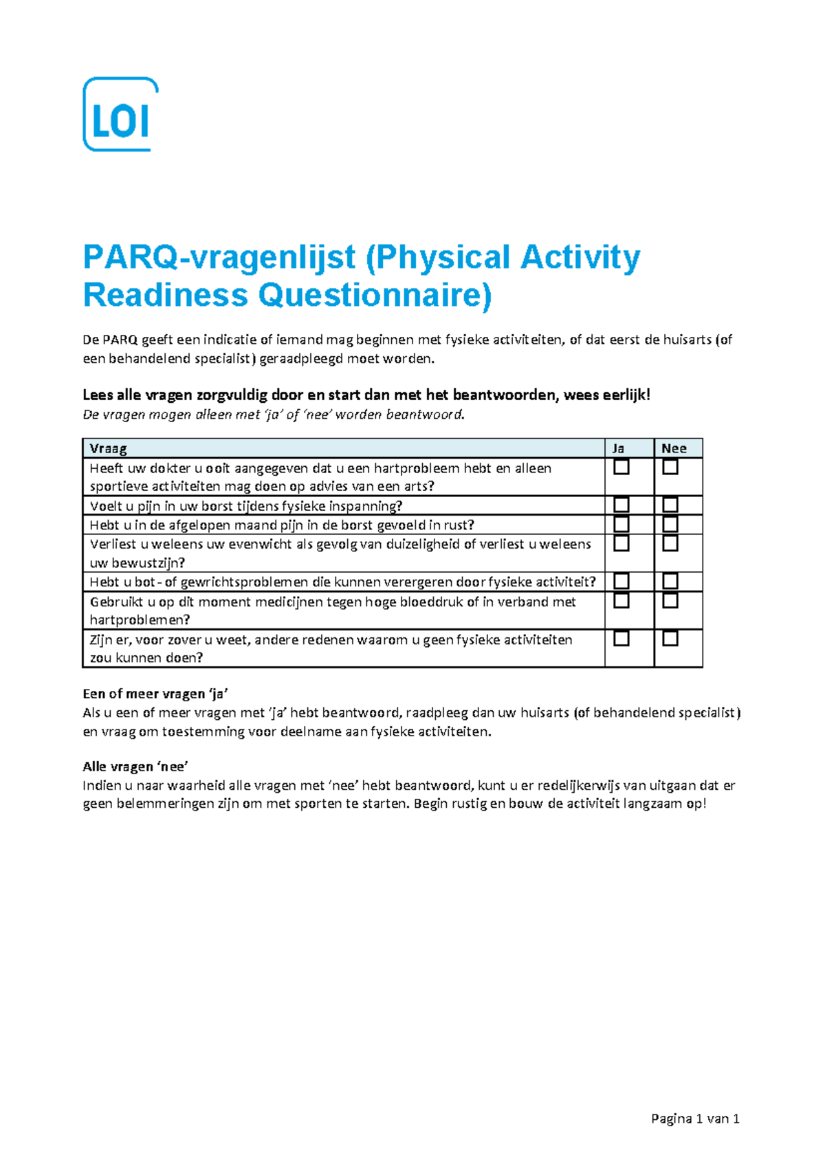 PARQ - Physical Activity Readiness Questionnaire in Dutch - Studeersnel