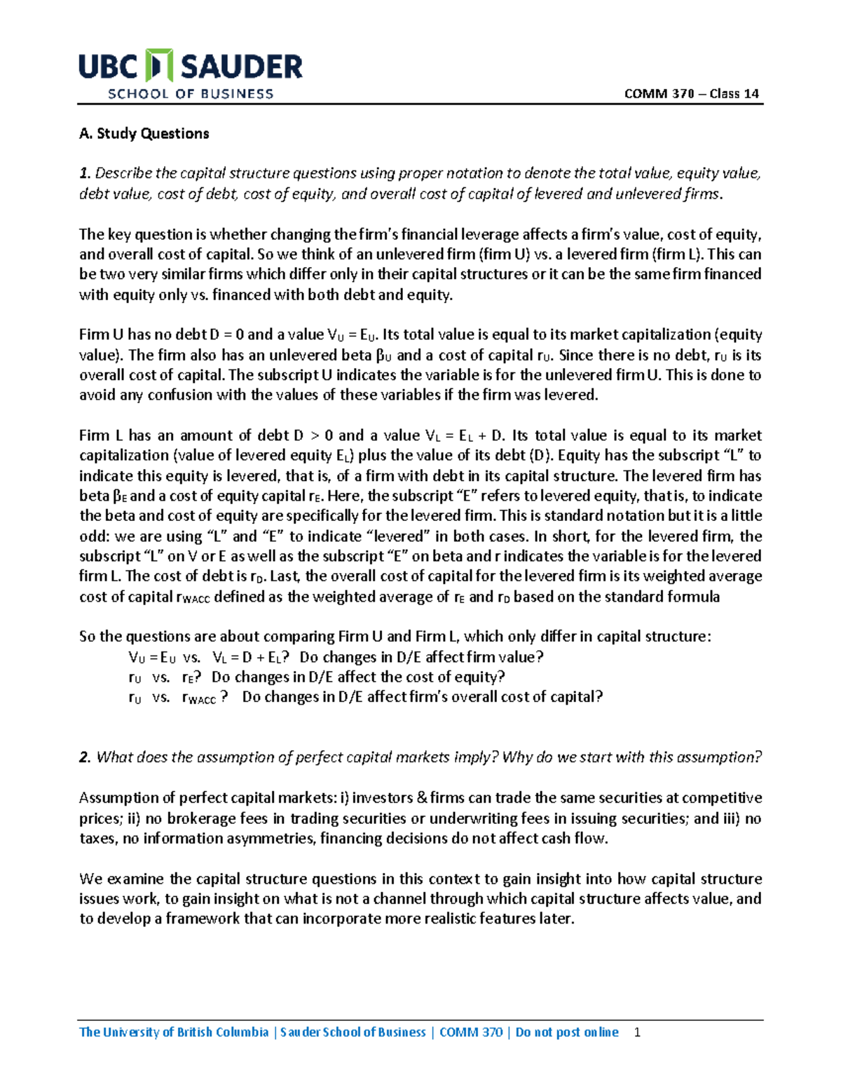 COMM 370 Class 14 - Capital Structure Study Questions and Solutions ...