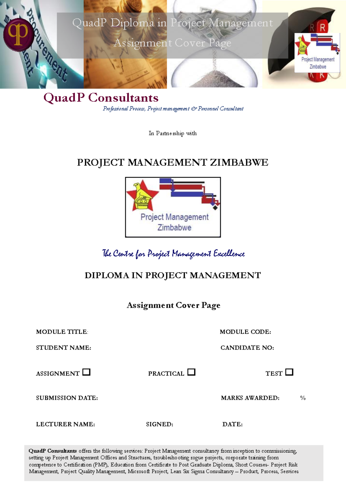 QuadP Diploma in Project Management Assignment Cover Page - Studocu