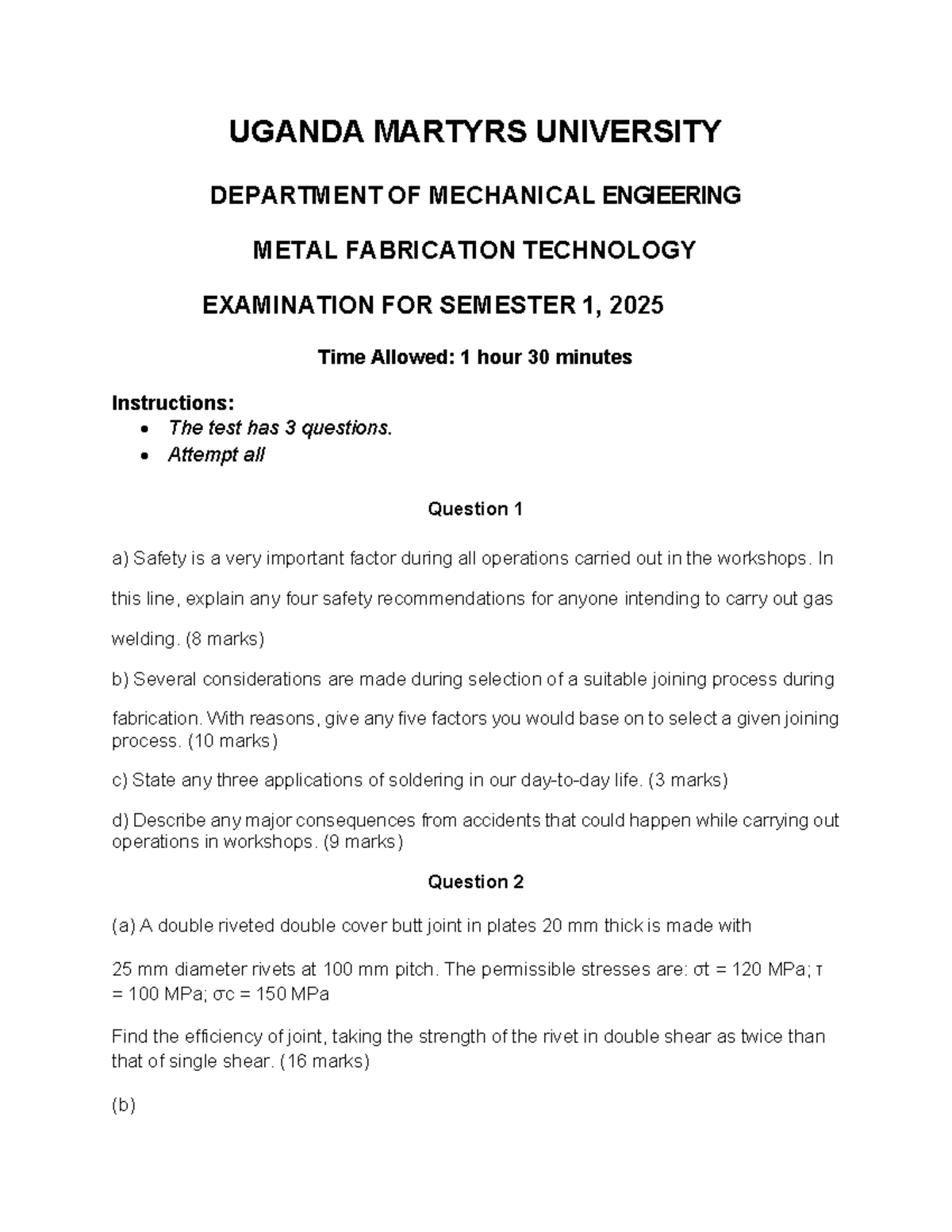 MOTOR VEHICLE ENGINEERING MECHANICAL ENG 101 METAL FABRICATION EXAM SEM ...