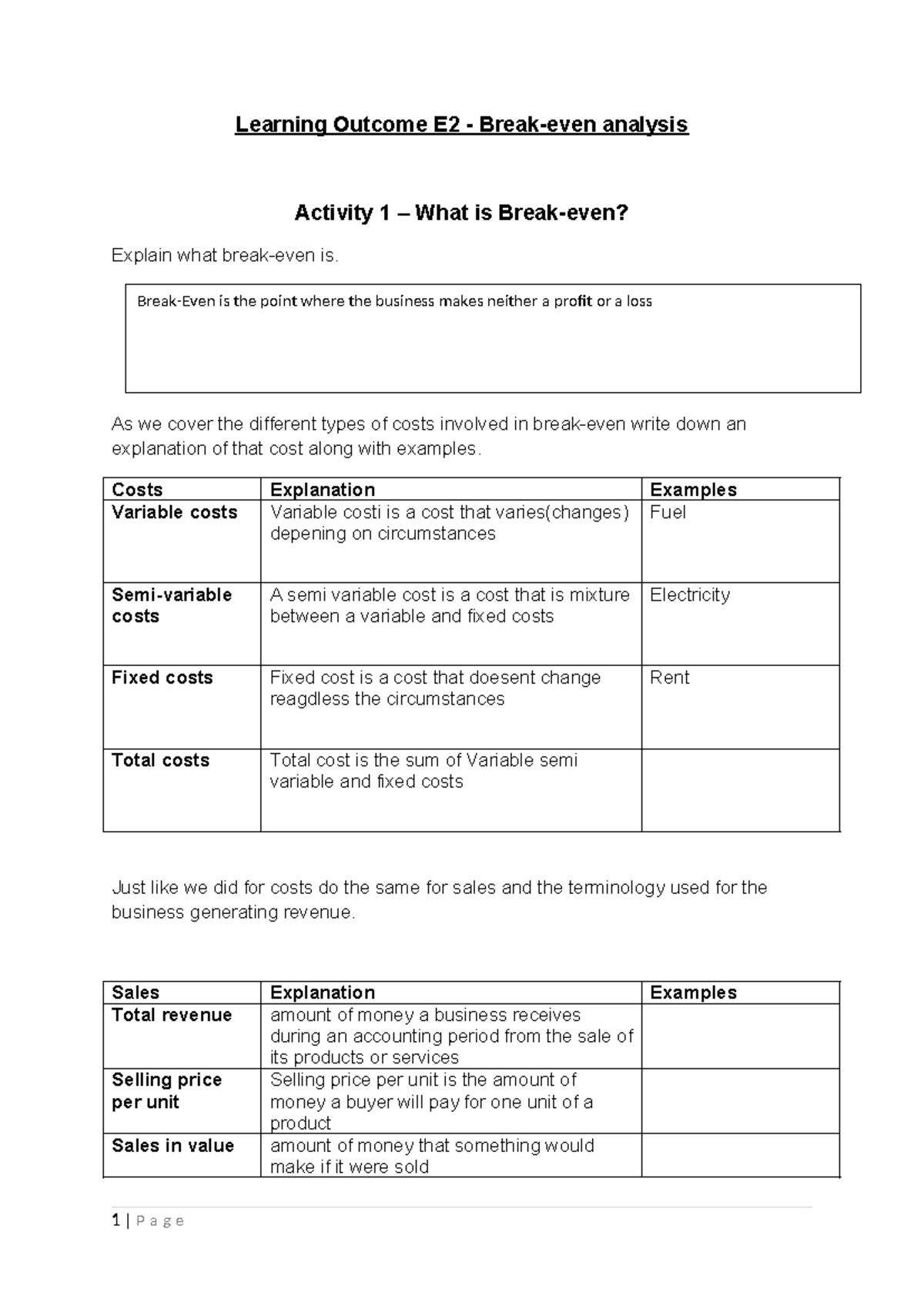 Learning Outcome E2 - Comprehensive Break-even Analysis Workbook - Studocu