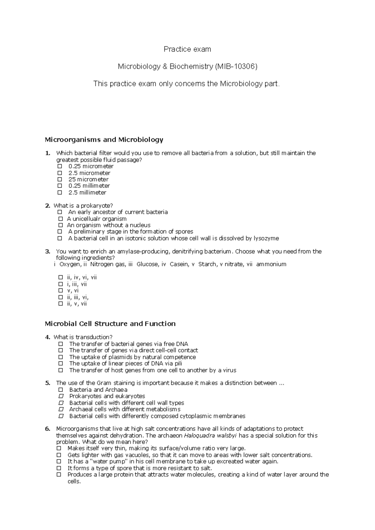 Practice Exam: Microbiology Multiple Choice Questions (MIB-10306 ...