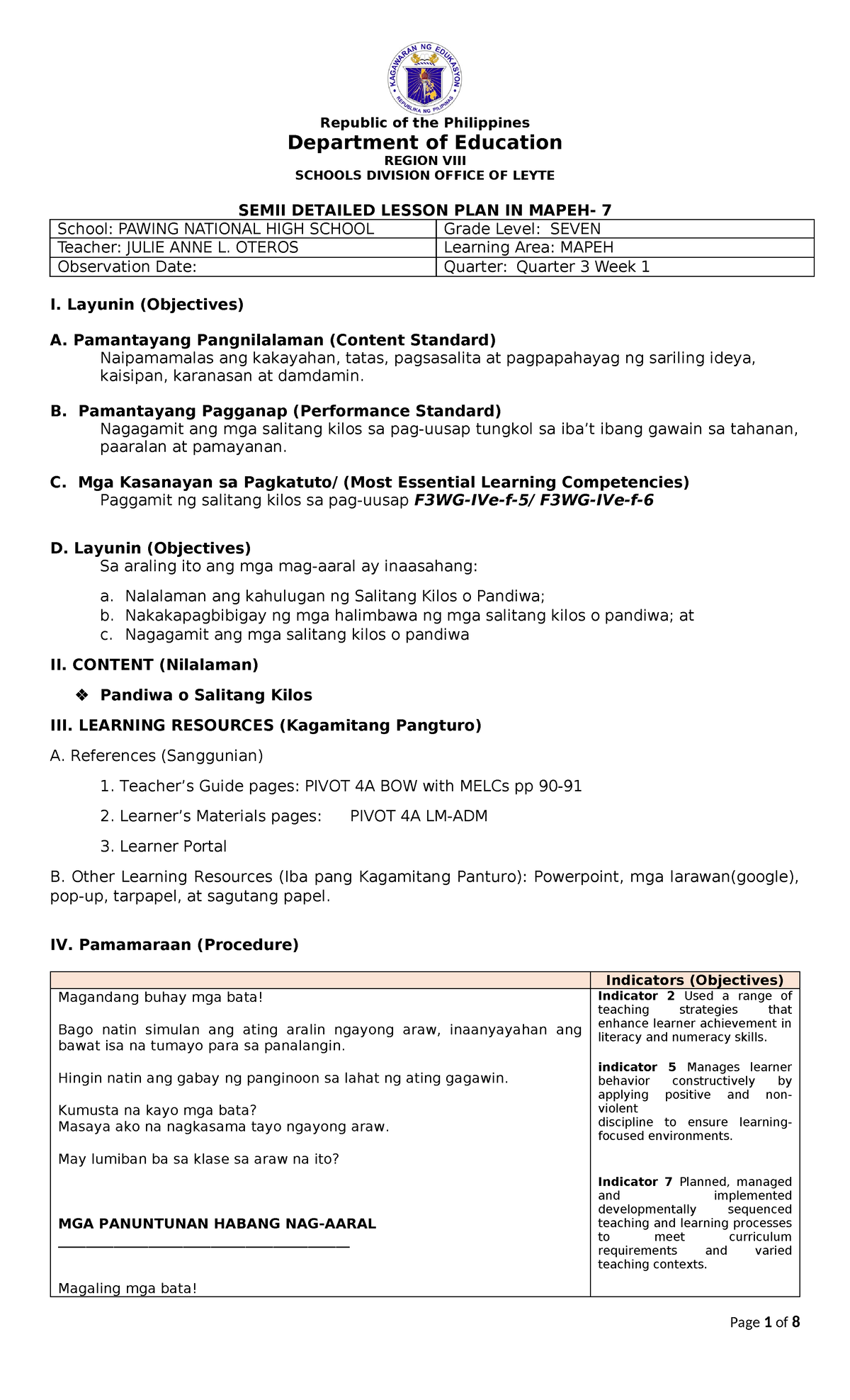 MAPEH 7: Detailed Lesson Plan on Salitang Kilos (Pandiwa) - Studocu