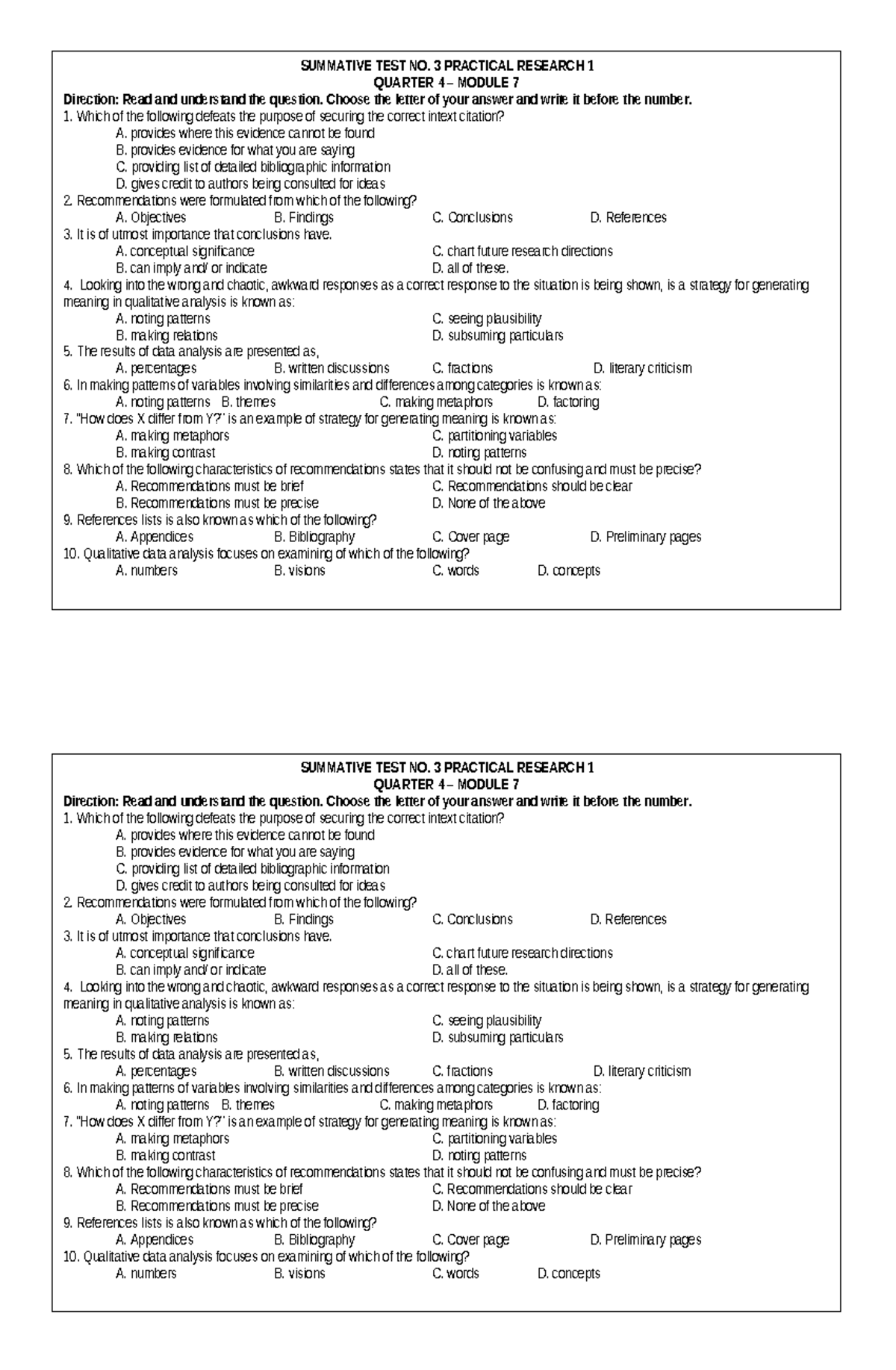 SUMMATIVE TEST NO. 3 PRACTICAL RESEARCH 1 Q4 MODULE 7 & 8 - Studocu