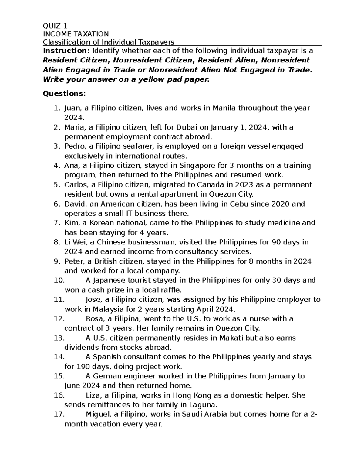 QUIZ 1: Classification of Individual Taxpayers in Income Taxation - Studocu