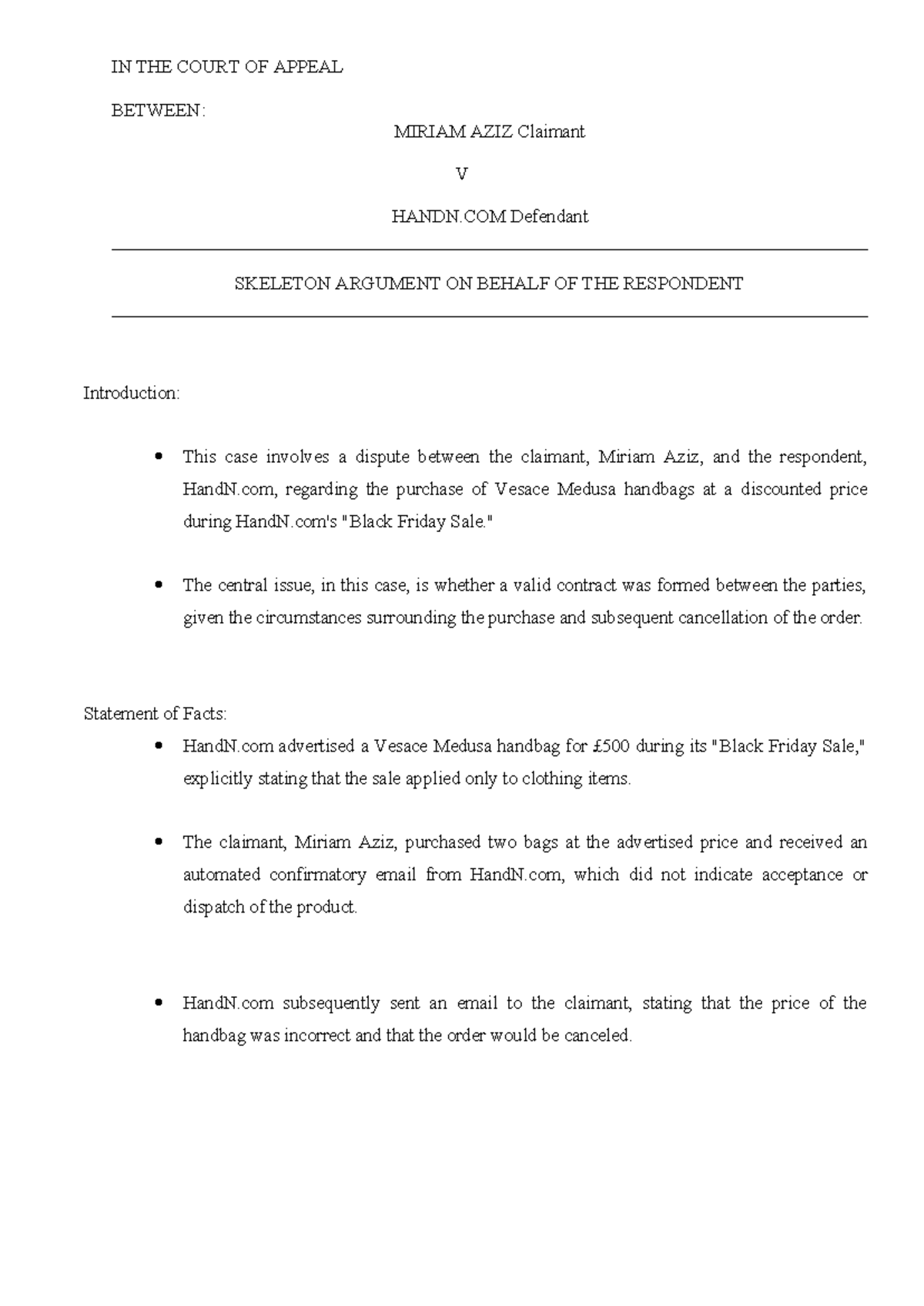 Skeleton argument - IN THE COURT OF APPEAL BETWEEN: MIRIAM AZIZ ...