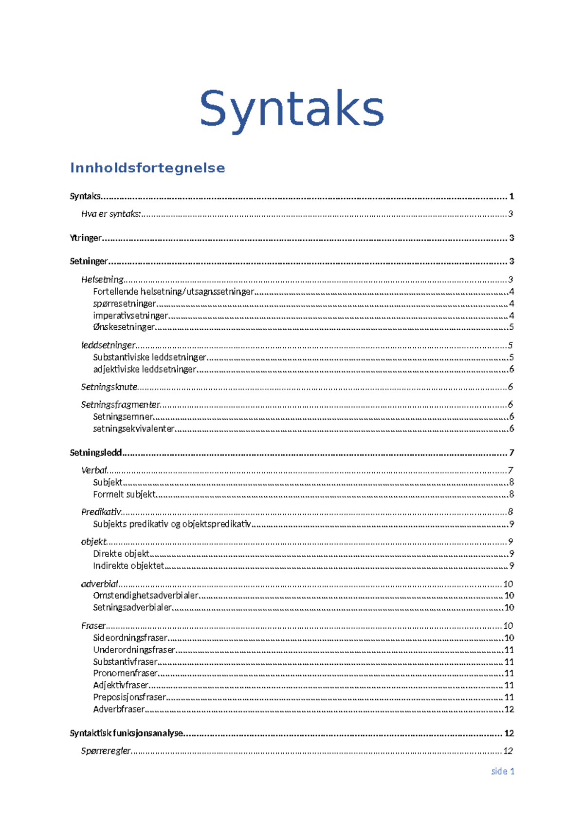 Syntaks- og setningsanalyse - grunnleggende prinsipper og typer - Studocu