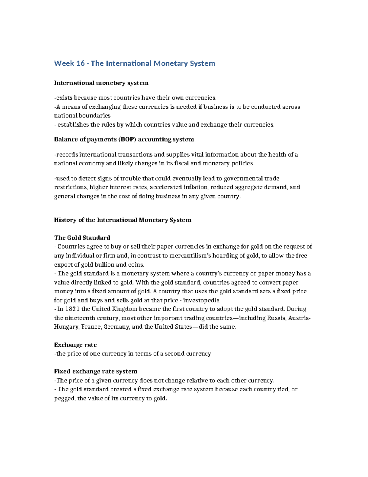 Week 16 Lecture: The International Monetary System Explained - Studocu