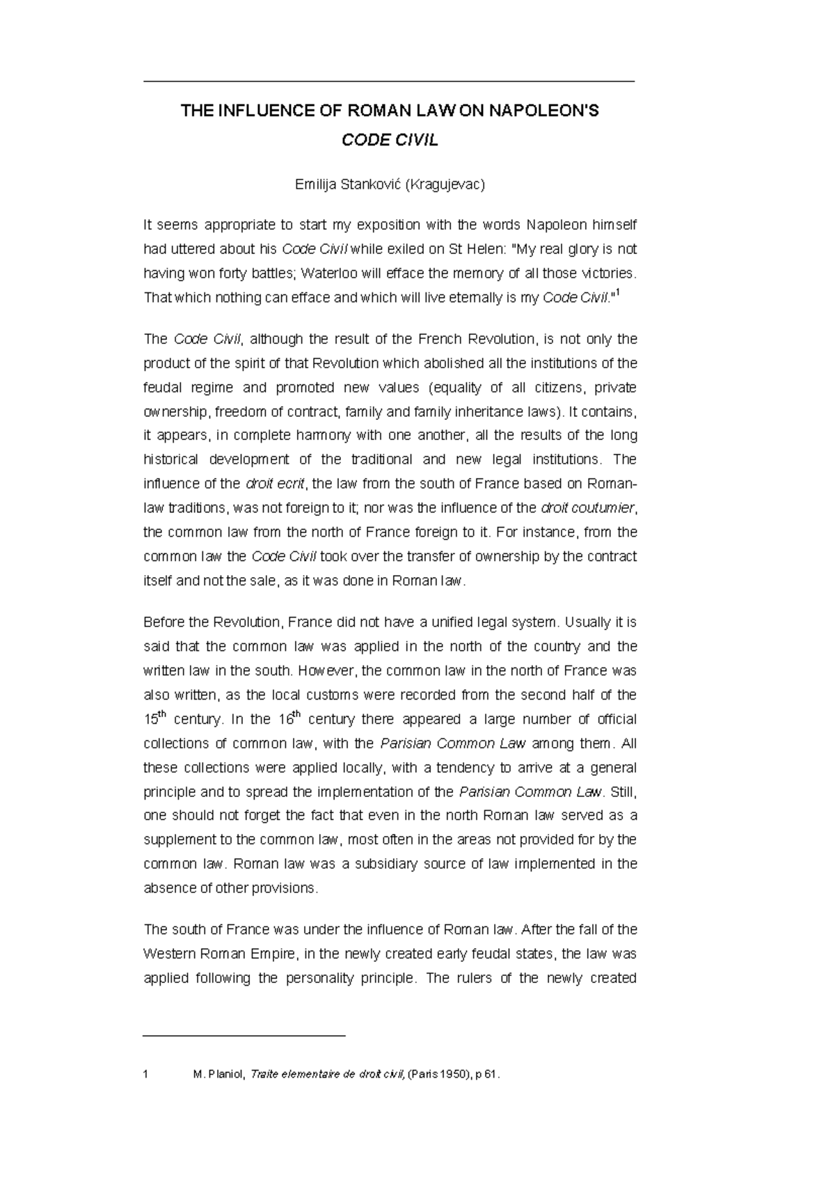 The Influence of Roman Law on Napoleon's Code Civil - Studocu