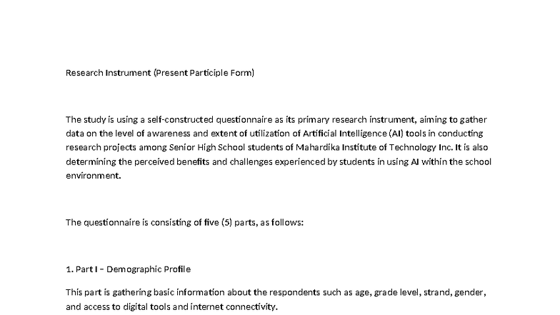 Research Instrument: AI Tools Utilization Survey for SHS Students - Studocu