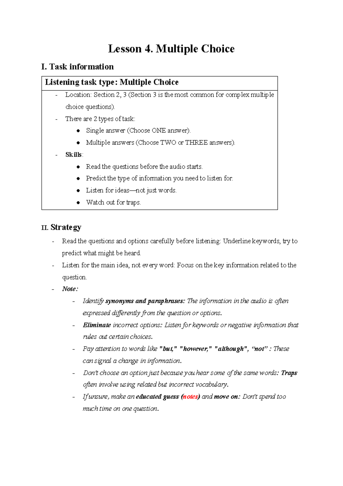 Lesson 4: Multiple Choice Listening Strategies and Practice - Studocu