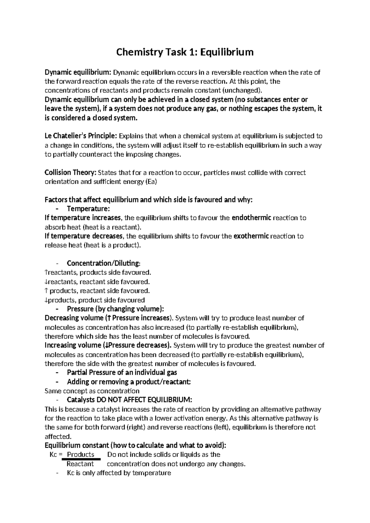 YEAR 12 Chemistry Task 1: Understanding Equilibrium Concepts - Studocu