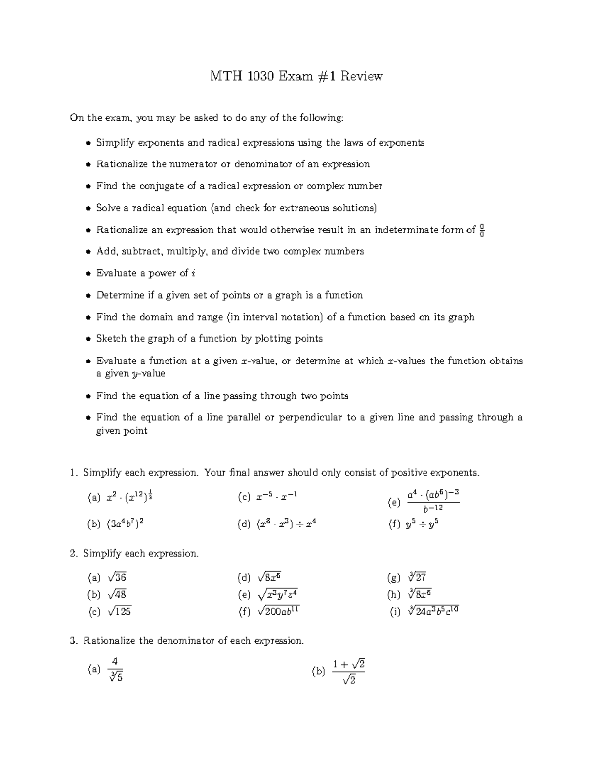 MTH 1030 Exam #1 Practice Problems Review Guide - Studocu