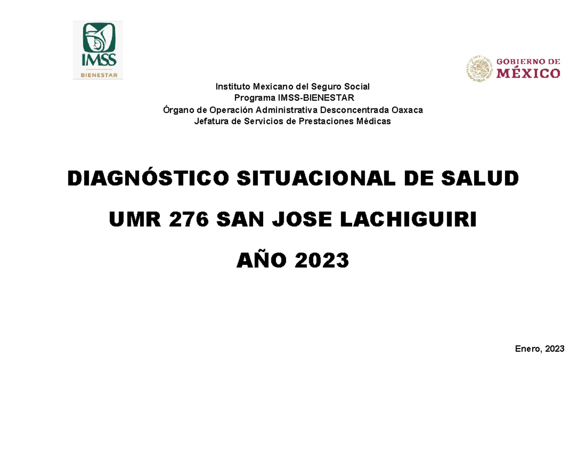 Diagnóstico Situacional de Salud UMR 276 San José Lachiguirí 2023 - Studocu