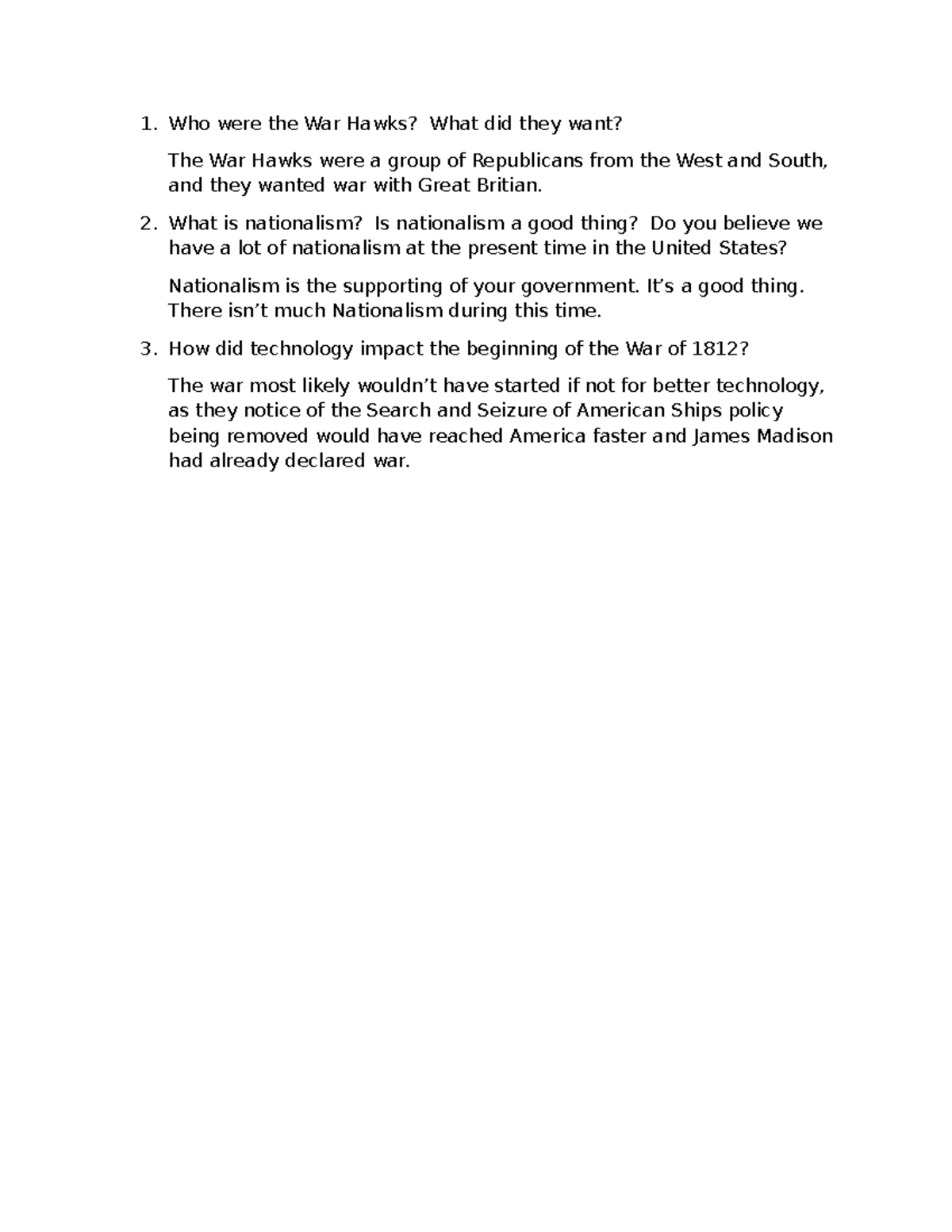 War Hawks and Nationalism: Key Concepts of the War of 1812 - Studocu