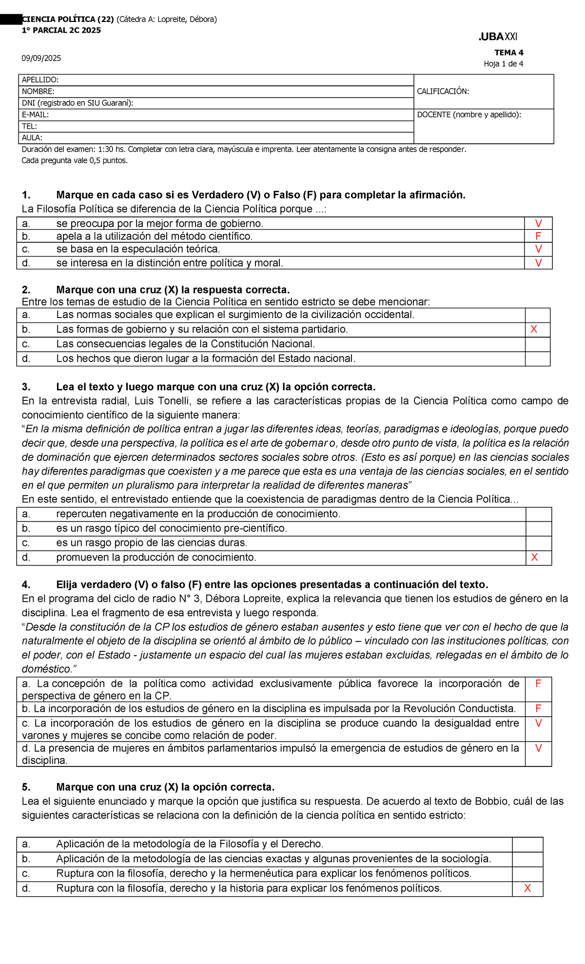 CIENCIA POLÍTICA (22) PARCIAL 2C 2025 TEMA 4 - Claves de Respuestas ...