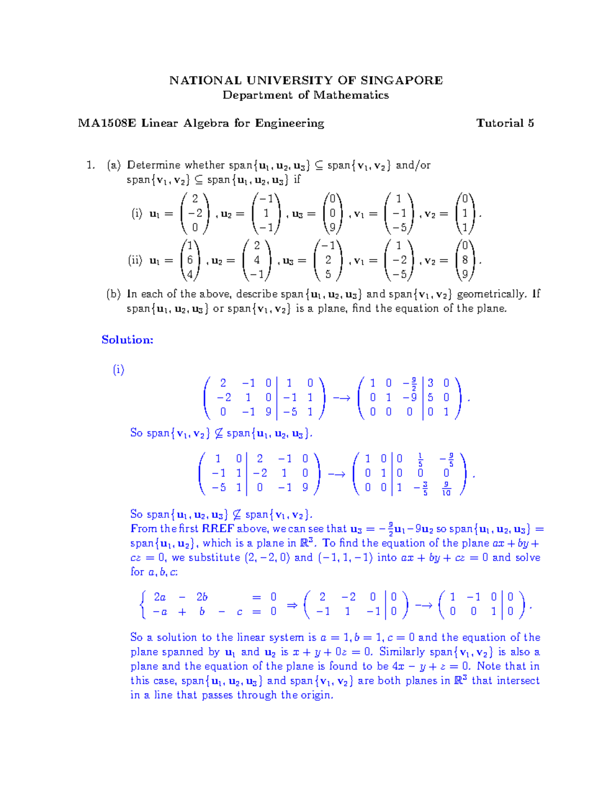 MA1508E Linear Algebra for Engineering: Tutorial 5 Solutions - Studocu